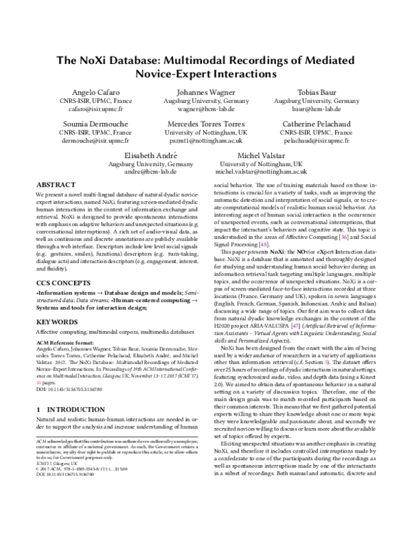 (PDF) The NoXi database: multimodal recordings of mediated novice-expert interactions