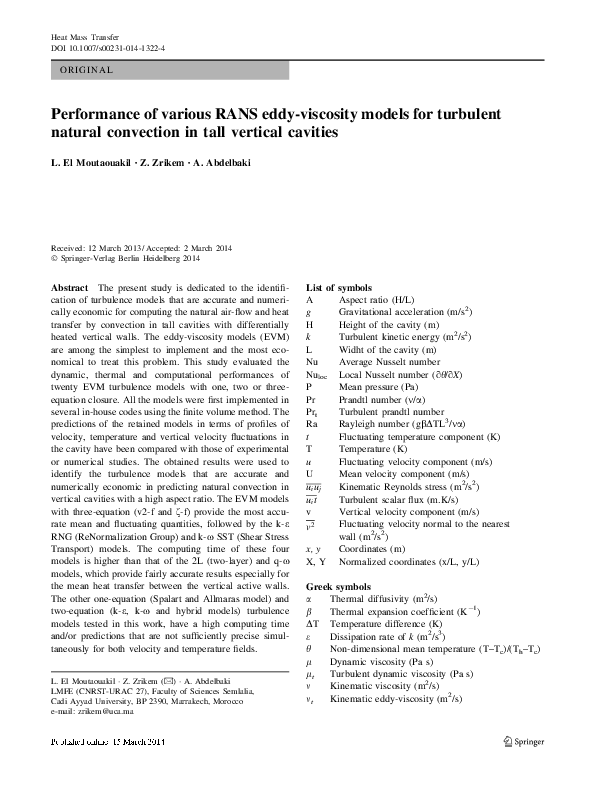 Pdf Performance Of Various Rans Eddy Viscosity Models For Turbulent