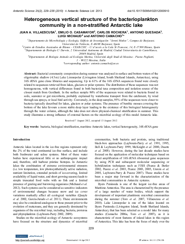(PDF) Heterogeneous vertical structure of the bacterioplankton community in a non-stratified ...