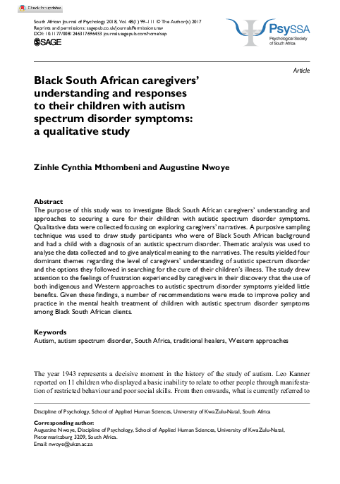 (PDF) Black South African caregivers’ understanding and responses to their children with autism ...