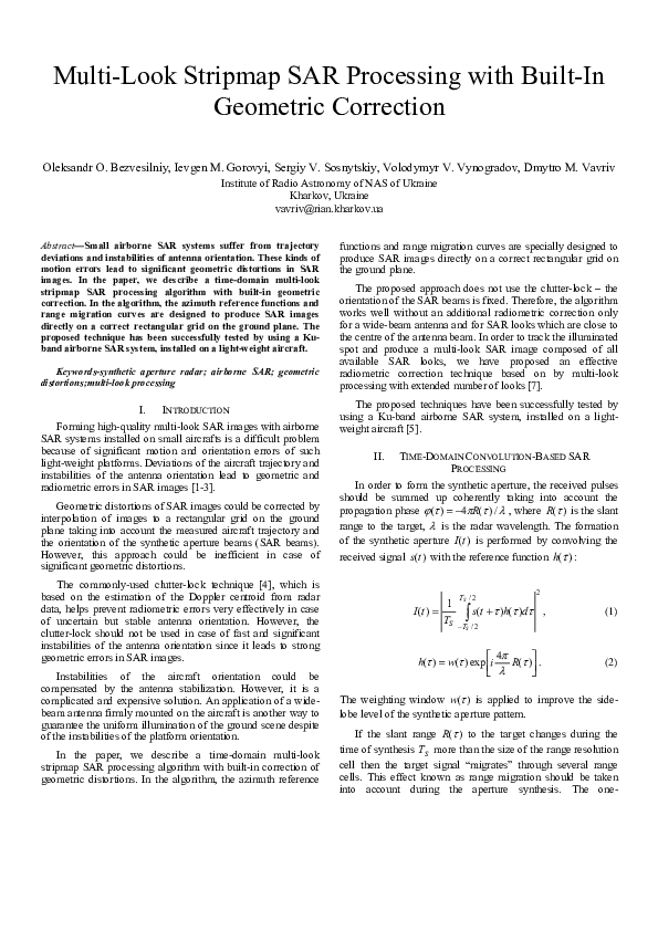 (PDF) Multi-look stripmap SAR processing with built-in geometric correction