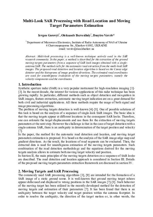 Pdf Multi Look Sar Processing With Road Location And Moving Target Parameters Estimation