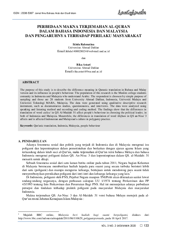 (PDF) Perbedaan Makna Terjemahan Al-Quran Dalam Bahasa Indonesia Dan Malaysia Dan Pengaruhnya ...