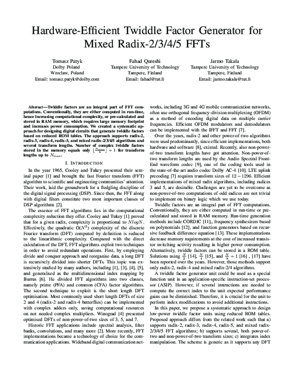 Pdf Hardware Efficient Twiddle Factor Generator For Mixed Radix 2 3 4 5 Ffts