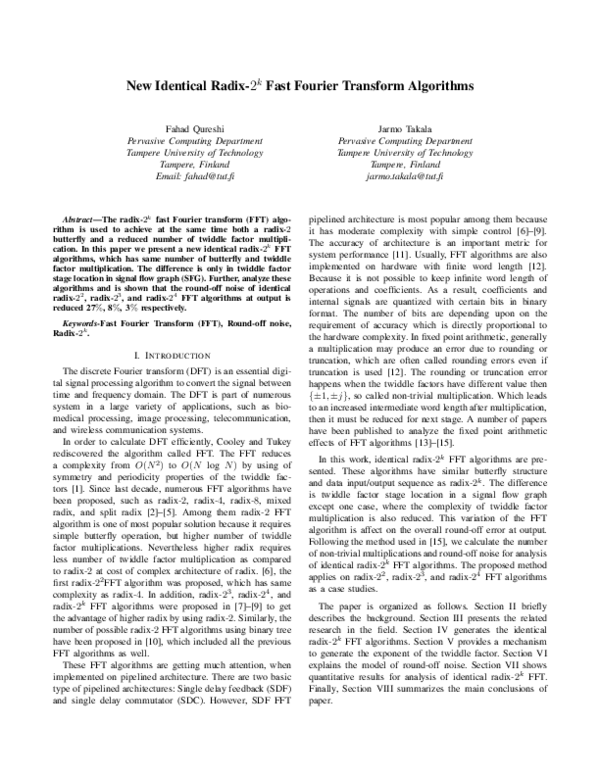Pdf New Identical Radix 2k Fast Fourier Transform Algorithms Jarmo Takala