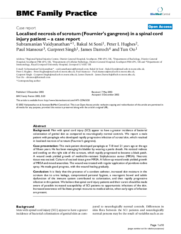 (PDF) Localised necrosis of scrotum (Fournier's gangrene) in a spinal ...