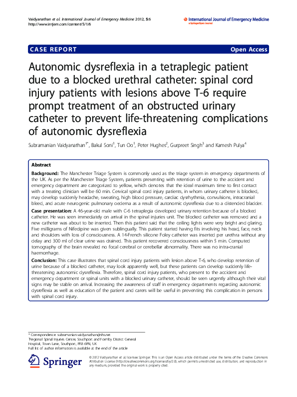 (PDF) Autonomic dysreflexia in a tetraplegic patient due to a blocked ...