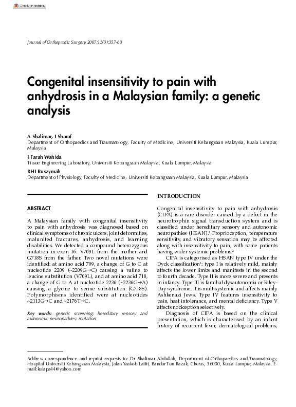 (PDF) Congenital Insensitivity to Pain with Anhydrosis