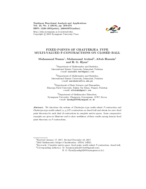 Pdf Fixed Point Theorems For Chatterjea Type F Contraction On Closed Ball