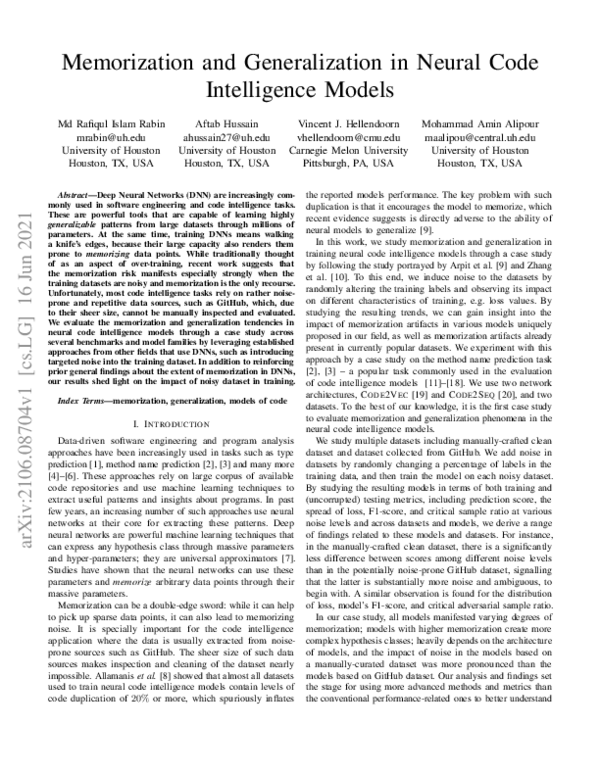 (PDF) Memorization and Generalization in Neural Code Intelligence Models