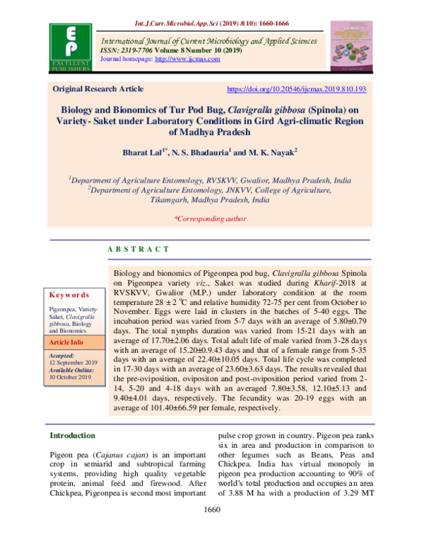 (PDF) Biology and Bionomics of Tur Pod Bug, Clavigralla gibbosa ...