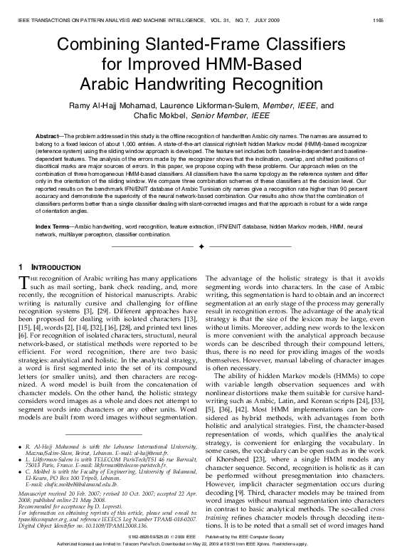 (PDF) Combining Slanted-Frame Classifiers for Improved HMM-Based Arabic Handwriting Recognition ...