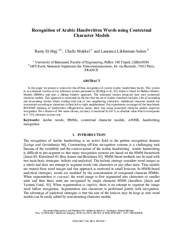 Pdf Recognition Of Arabic Handwritten Words Using Contextual