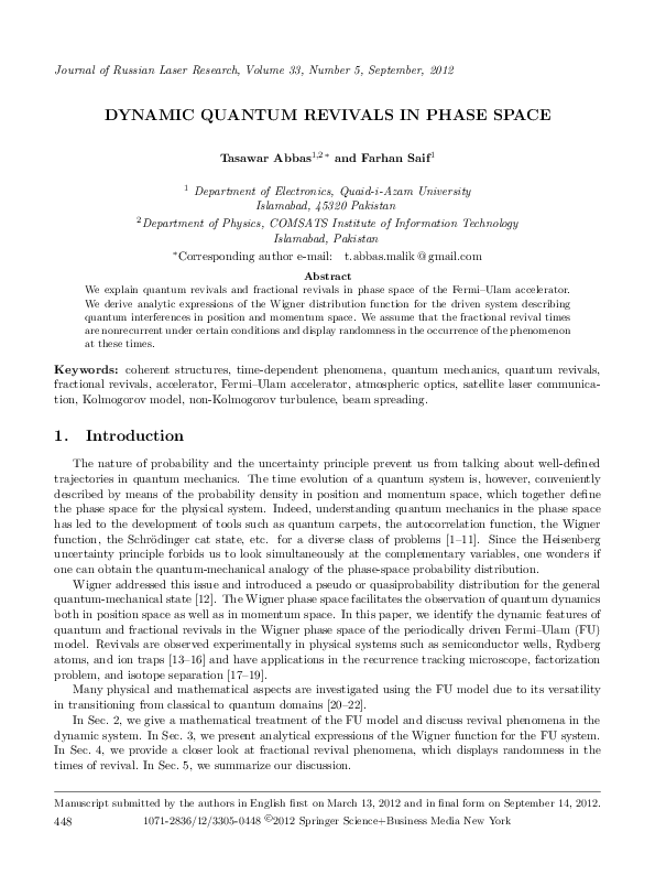 (PDF) Dynamic quantum revivals in phase space | Farhan Saif - Academia.edu