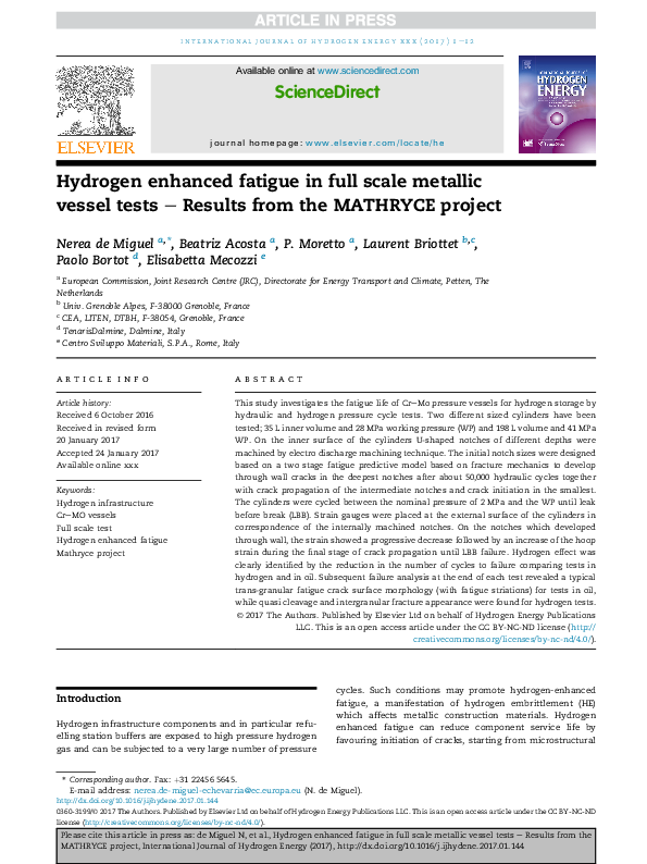 (PDF) Hydrogen enhanced fatigue in full scale metallic vessel tests ...