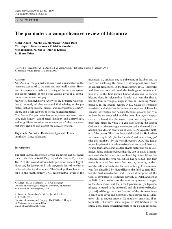 (PDF) The pia mater: a comprehensive review of literature