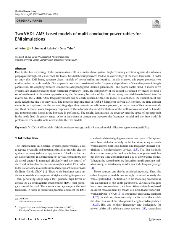 Pdf Two Vhdl Ams Based Models Of Multi Conductor Power Cables For Emi 