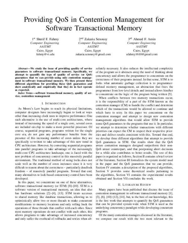 Pdf Providing Qos In Contention Management For Software Transactional Memory