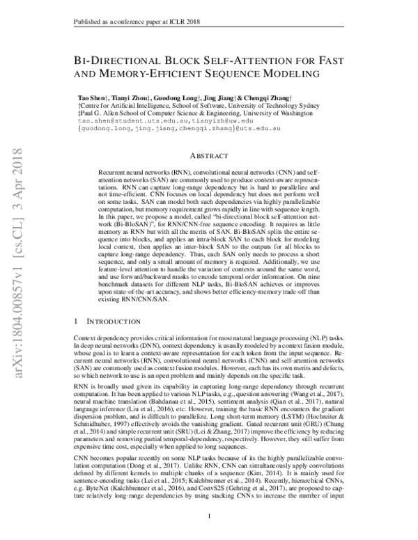 Pdf Bi Directional Block Self Attention For Fast And Memory Efficient