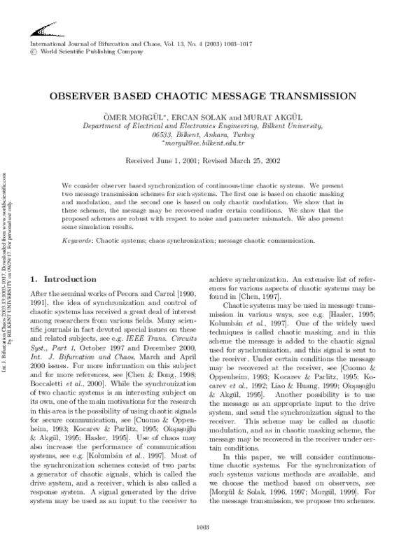 (PDF) Observer Based Chaotic Message Transmission