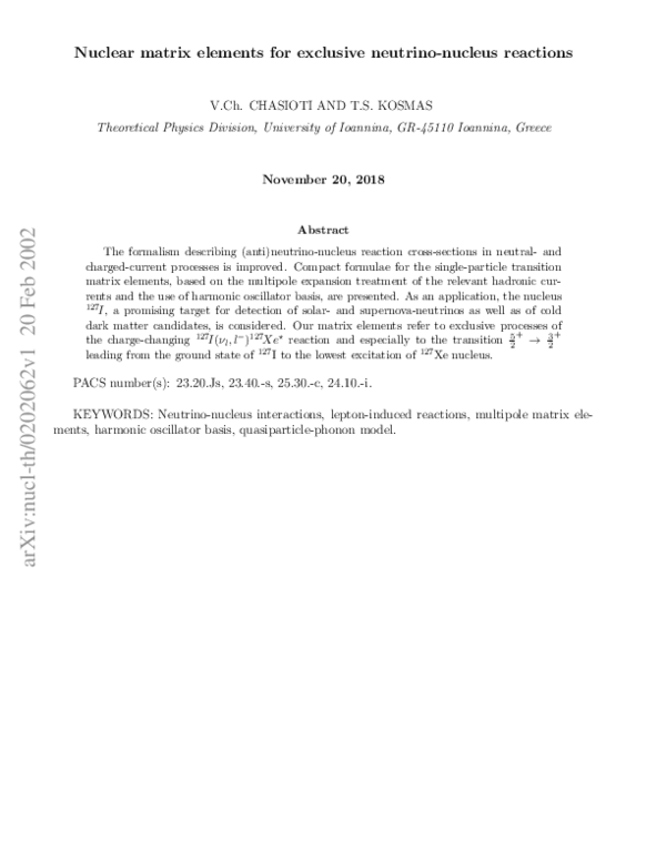 (PDF) Nuclear matrix elements for exclusive neutrino-nucleus reactions