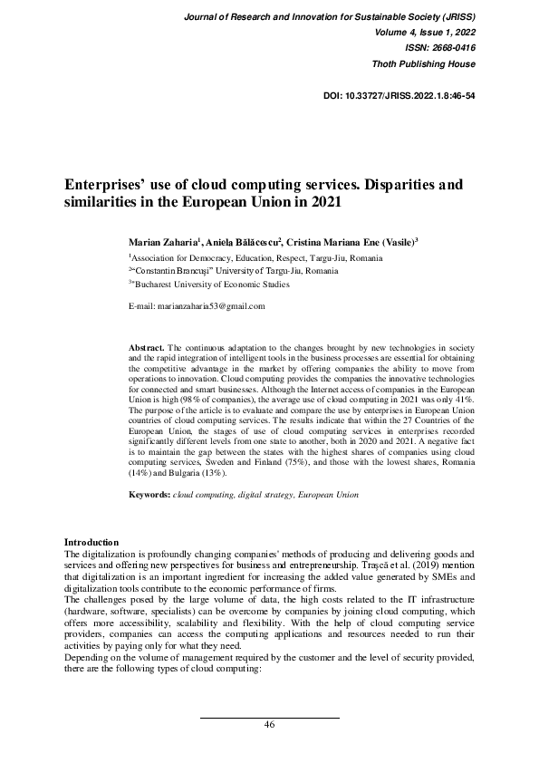 (PDF) Enterprises’ Use of Cloud Computing Services. Disparities and Similarities in the European ...