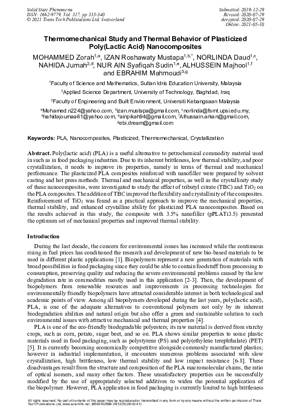 (PDF) Thermomechanical Study and Thermal Behavior of Plasticized Poly(Lactic Acid ...