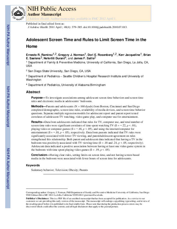 (PDF) Adolescent Screen Time and Rules to Limit Screen Time in the Home