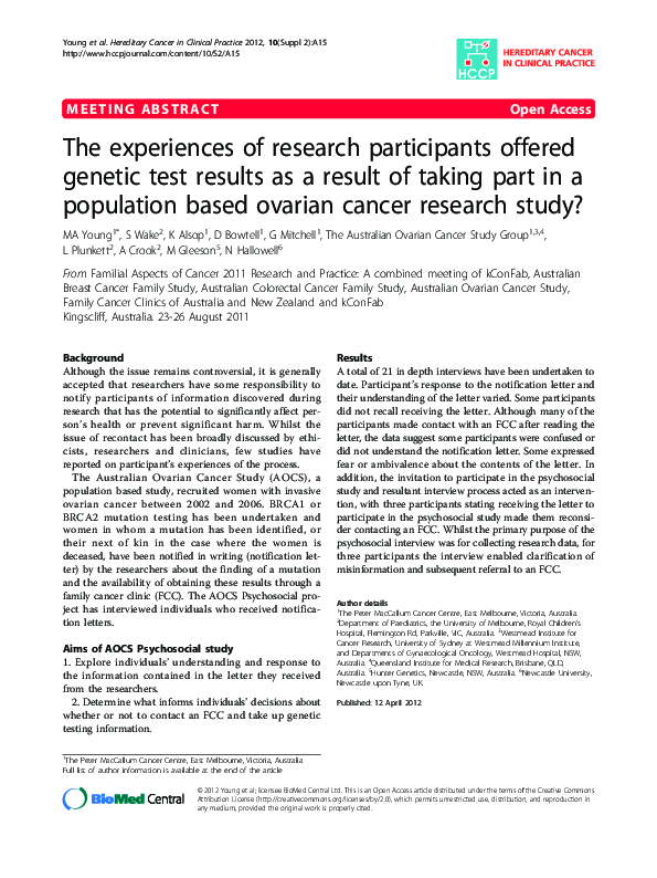 (PDF) The experiences of research participants offered genetic test ...
