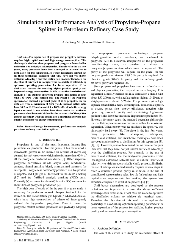 (PDF) Simulation and Performance Analysis of Propylene-Propane Splitter ...