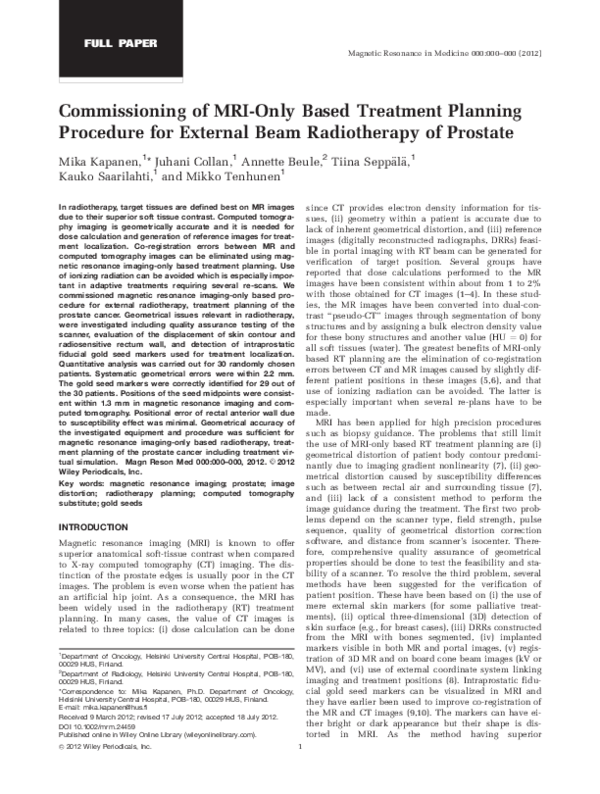 (PDF) Commissioning of MRI-only based treatment planning procedure for ...