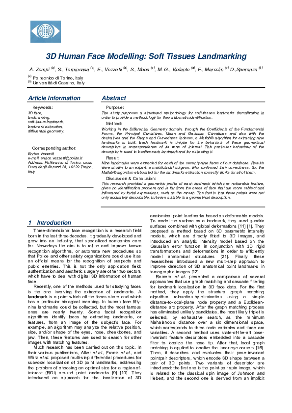 (PDF) 3D Human Face Modelling: Soft Tissues Landmarking