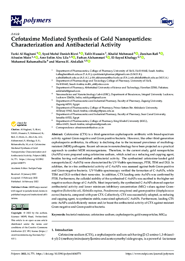 (PDF) Cefotaxime Mediated Synthesis of Gold Nanoparticles: Characterization and Antibacterial ...