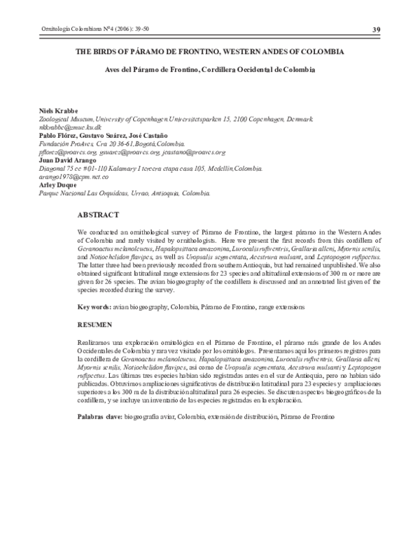 (PDF) The birds of Páramo de Frontino, Western Andes of Colombia