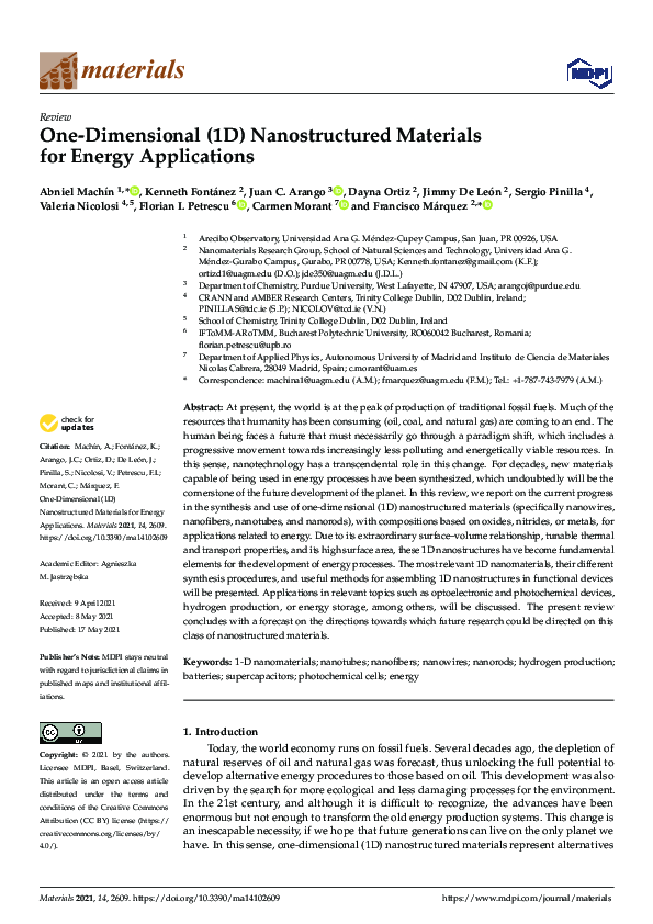 (PDF) One-dimensional (1D) Nanostructured Materials for Energy Applications