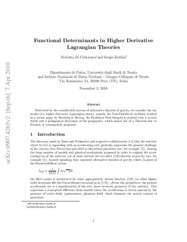 (PDF) Functional determinants in higher derivative Lagrangian theories