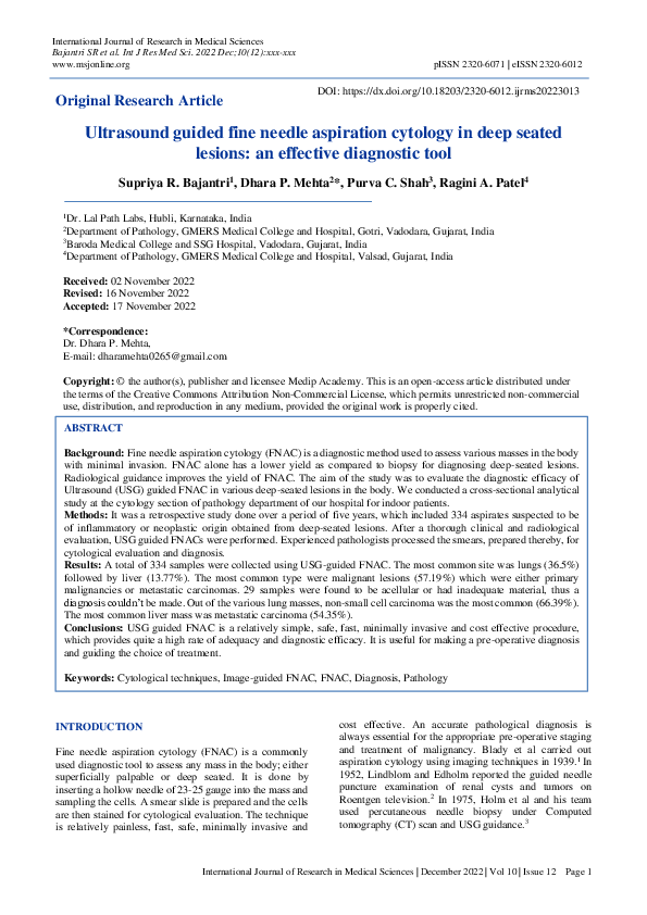 (PDF) Ultrasound guided fine needle aspiration cytology in deep seated lesions: an effective ...