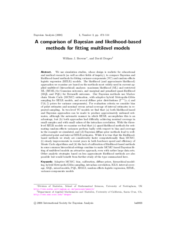 (PDF) A comparison of Bayesian and likelihood-based methods for fitting multilevel models