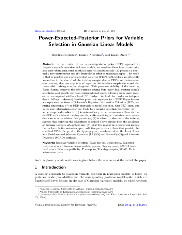 Pdf Power Expected Posterior Priors For Variable Selection In