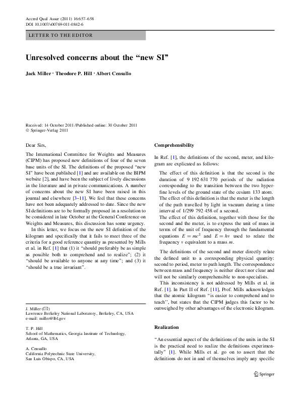 Unresolved concerns about the “new SI”