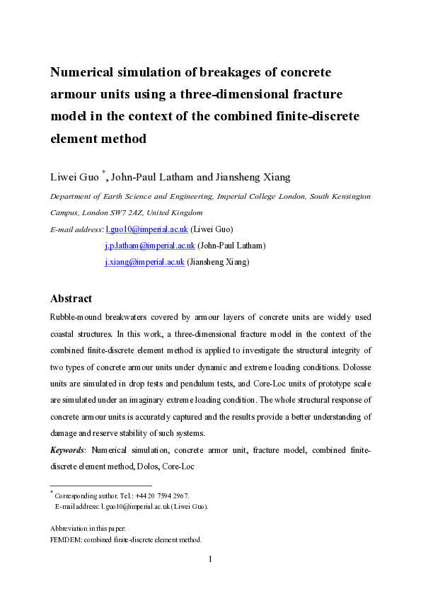 (PDF) Numerical simulation of breakages of concrete armour units using a three-dimensional ...