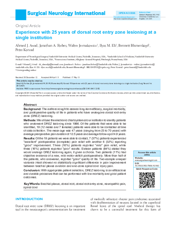 (PDF) Experience with 25 years of dorsal root entry zone lesioning at a ...