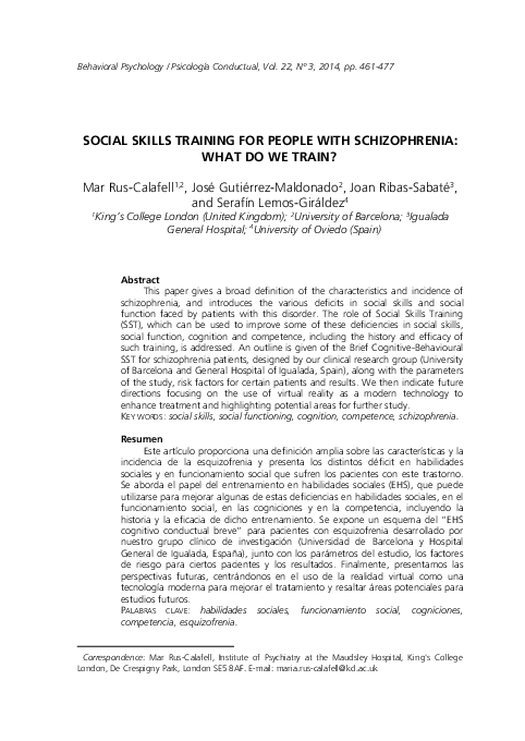 (PDF) Social Skills Training for People with Schizophrenia: What Do We ...