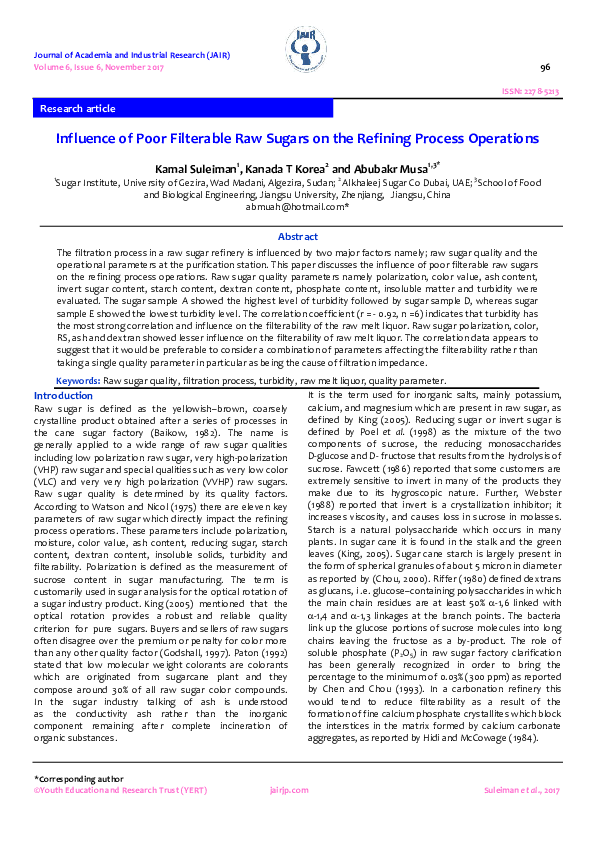 (PDF) Influence of Poor Filterable Raw Sugars on the Refining Process ...