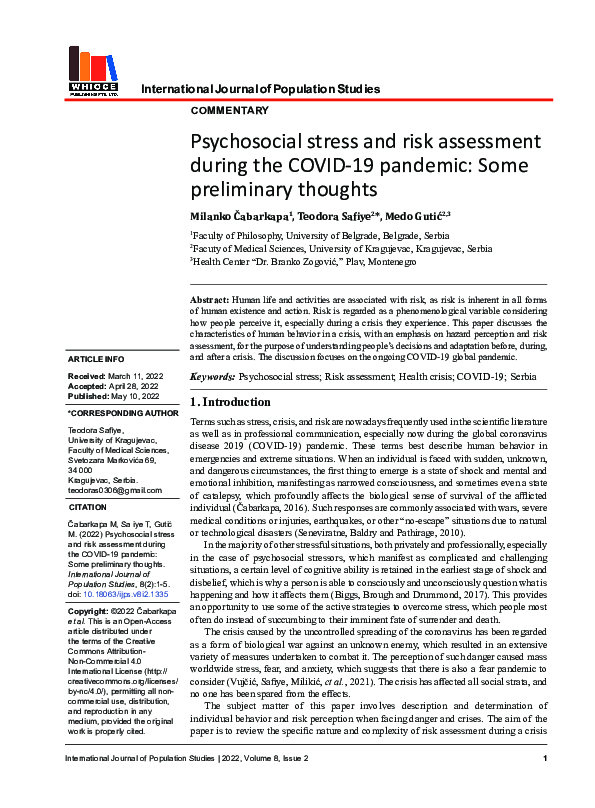 (PDF) Psychosocial stress and risk assessment during the COVID-19 ...