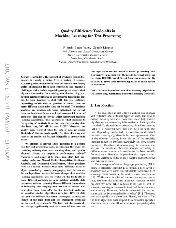 (PDF) Quality-efficiency trade-offs in machine learning for text processing