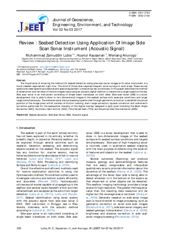 Pdf Seabed Detection Using Application Of Image Side Scan Sonar Instrument Acoustic Signal