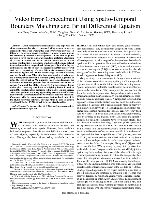 Pdf Video Error Concealment Using Spatio Temporal Boundary Matching And Partial Differential