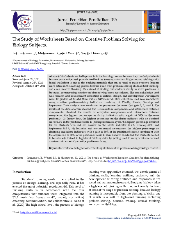 (PDF) The Study of Worksheets Based on Creative Problem Solving for ...