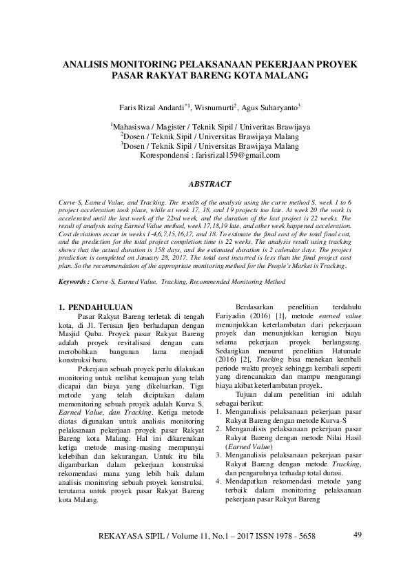 (PDF) Analisis Monitoring Pelaksanaan Pekerjaan Proyek Pasar Rakyat Bareng Kota Malang